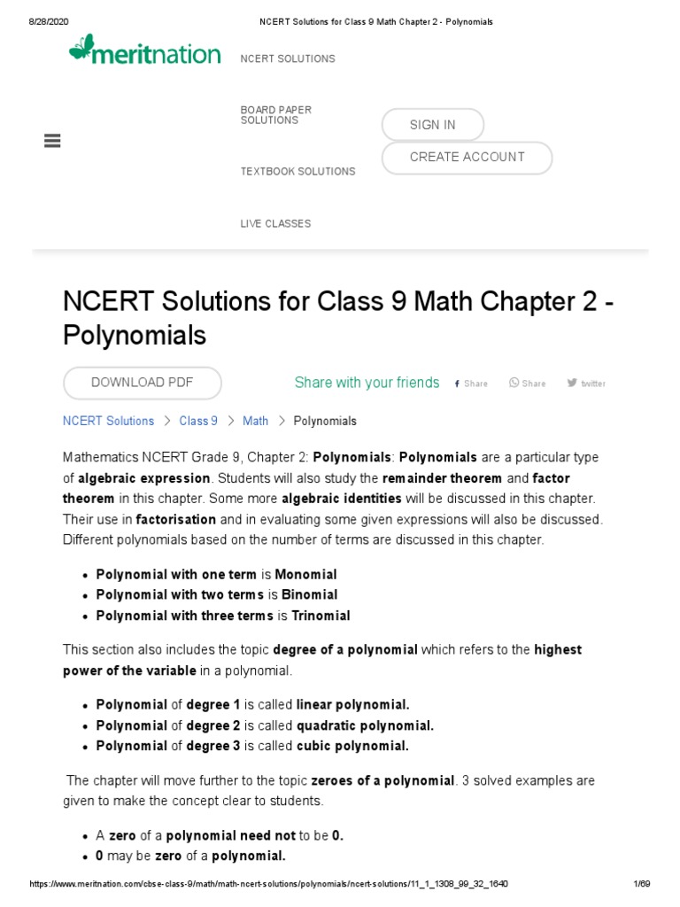 NCERT Solutions For Class 9 Math Chapter 2 - Polynomials | PDF ...