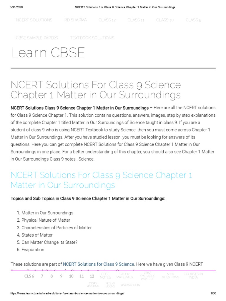 NCERT Solutions For Class 9 Science Chapter 1 Matter in Our Surroundings | PDF | Gases | Liquids
