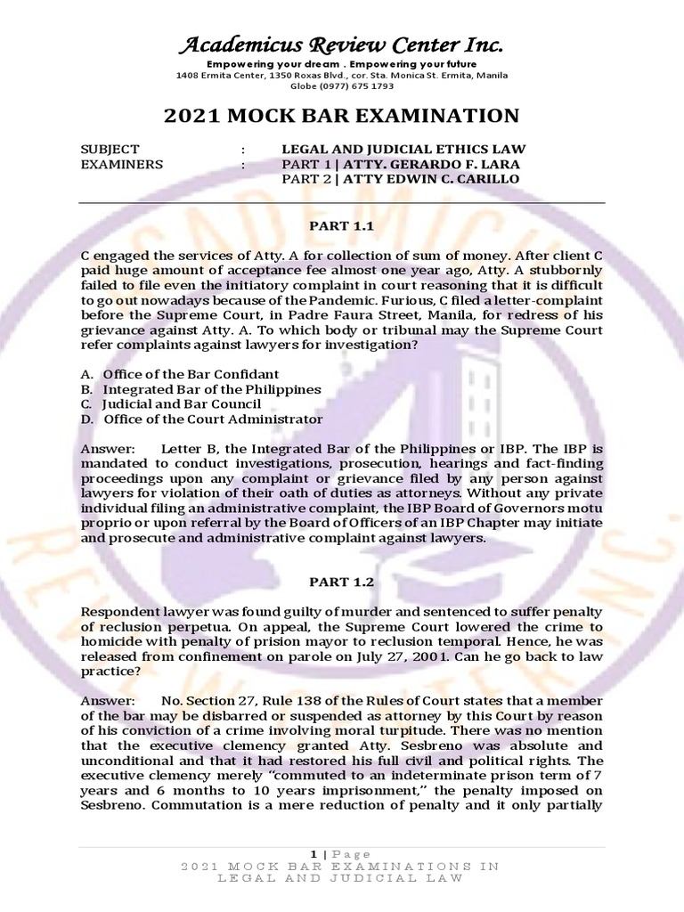 Mock Bar Exam in Legal and Judicial Ethics Law (2021) | Download Free ...