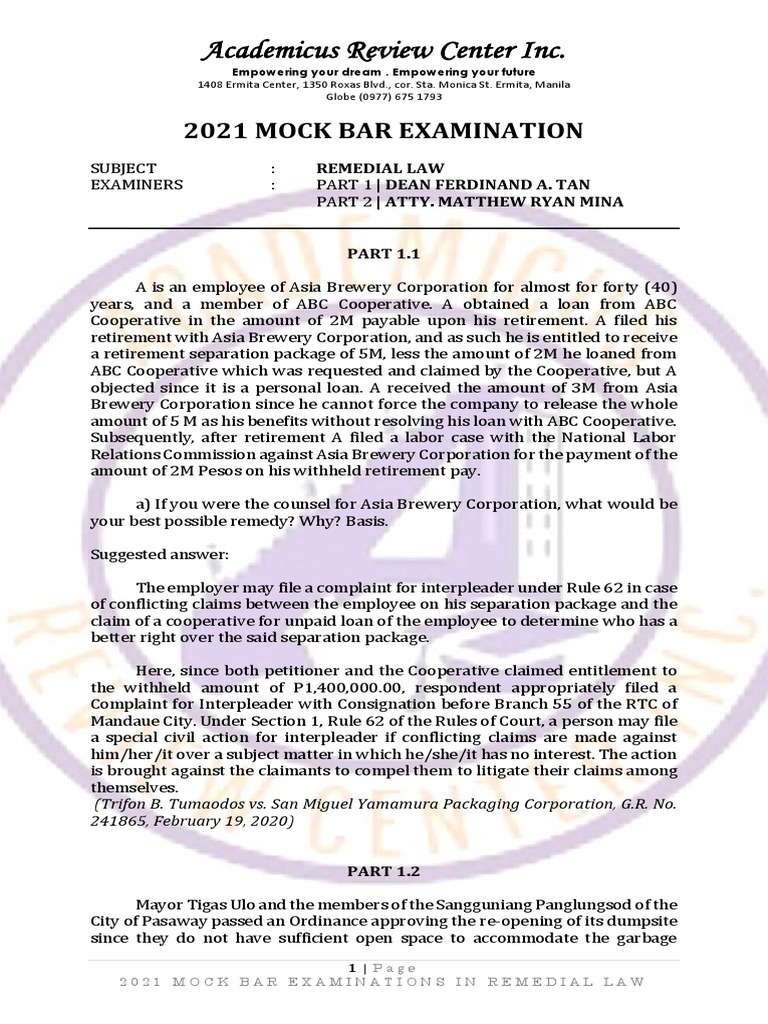 Mock Bar Exam in Remedial Law (2021) | PDF | Complaint | Certiorari