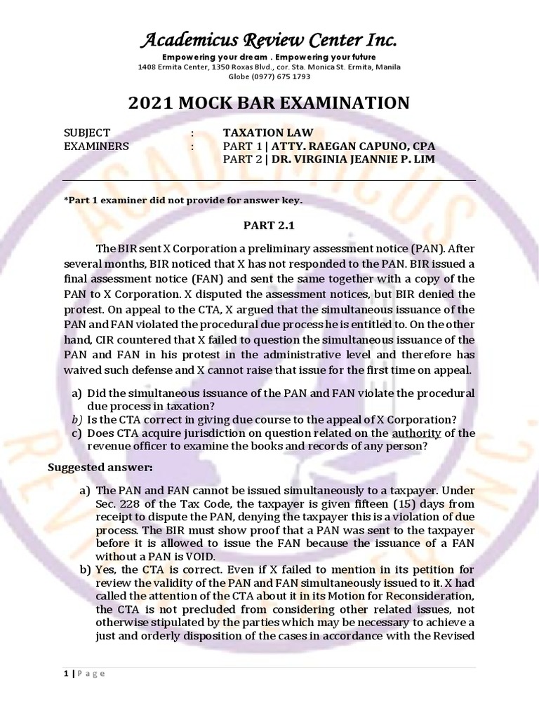 Taxation Mock Bar Exam Insights | PDF | Taxes | Public Finance
