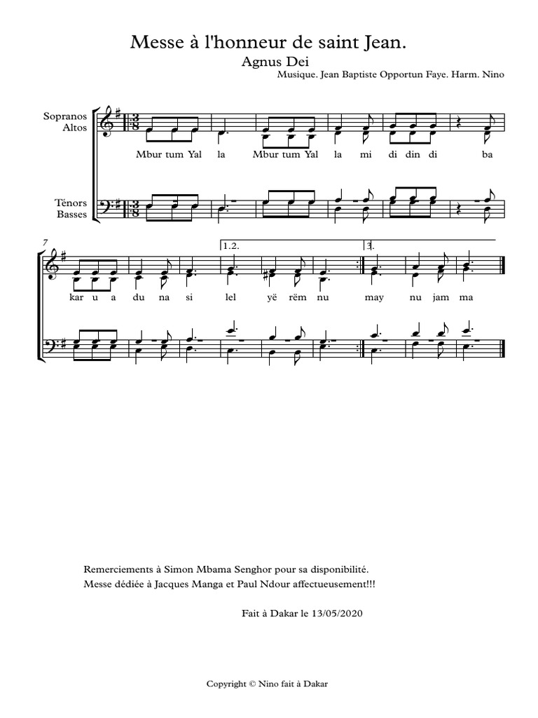 Agnus Dei Messe en L'honneur de ST Jean Partition Complète | PDF