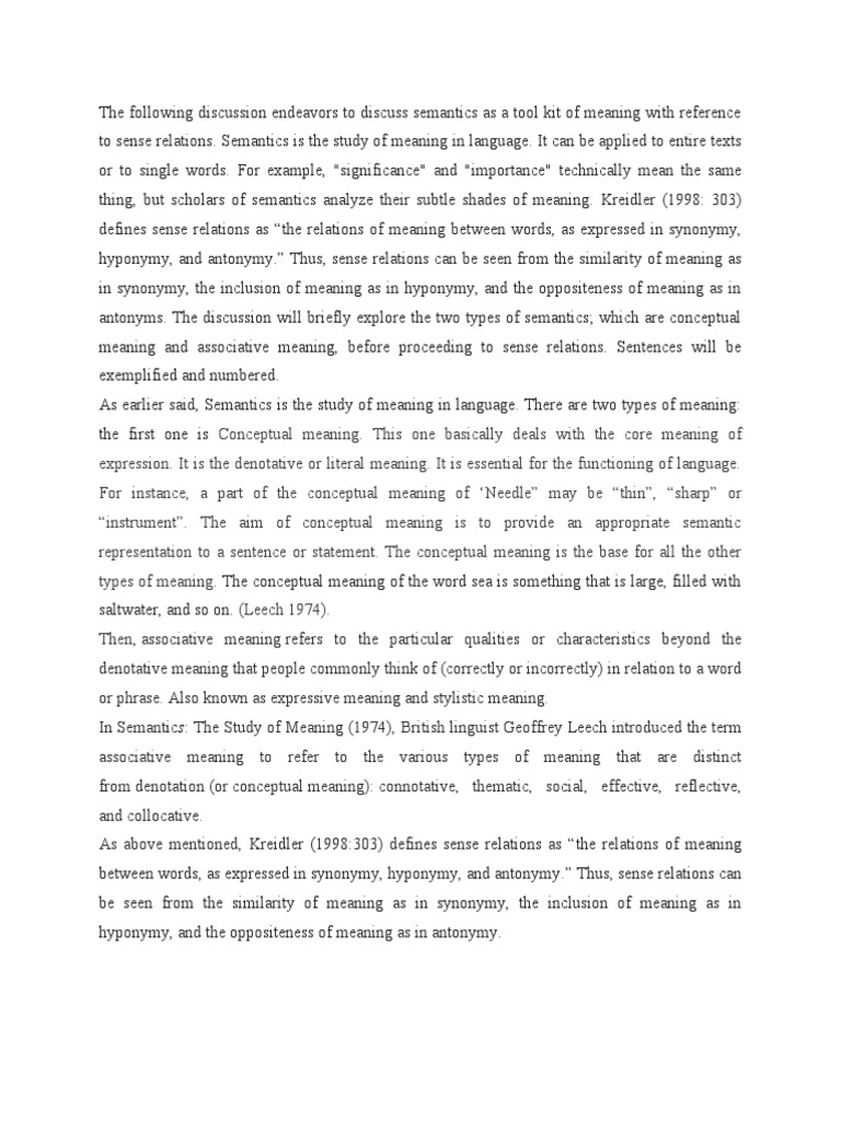 The Following Discussion Endeavors To Discuss Semantics As A Tool Kit of Meaning With Reference ...