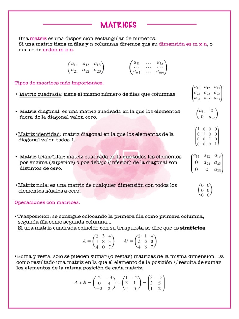 Resumen Matrices | PDF | Matriz (Matemáticas) | Conceptos matemáticos