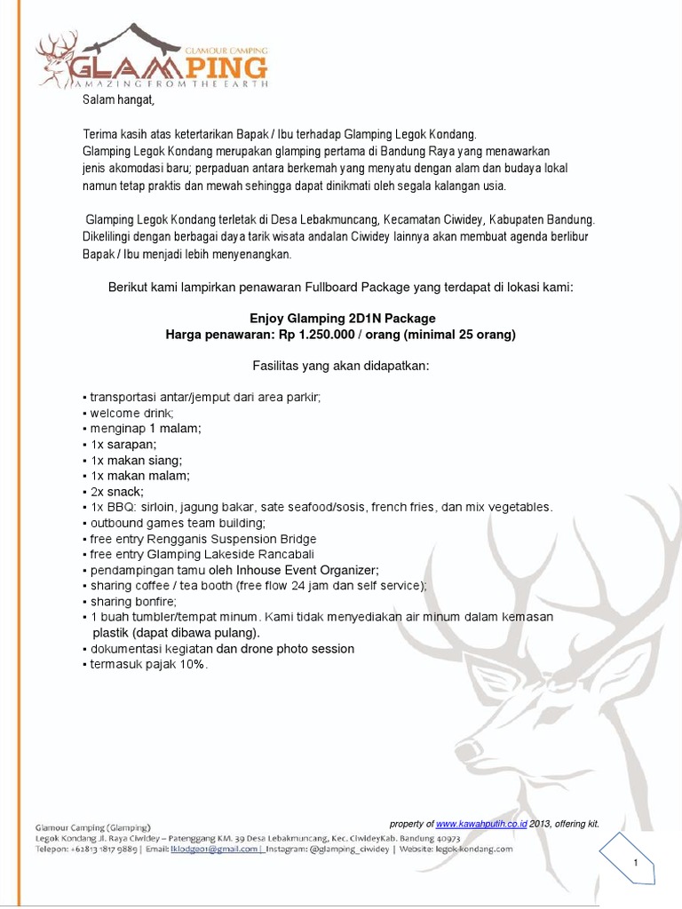 Surat Penawaran Fullboard Package Glamping Legok Kondang 2D1N NEW | PDF