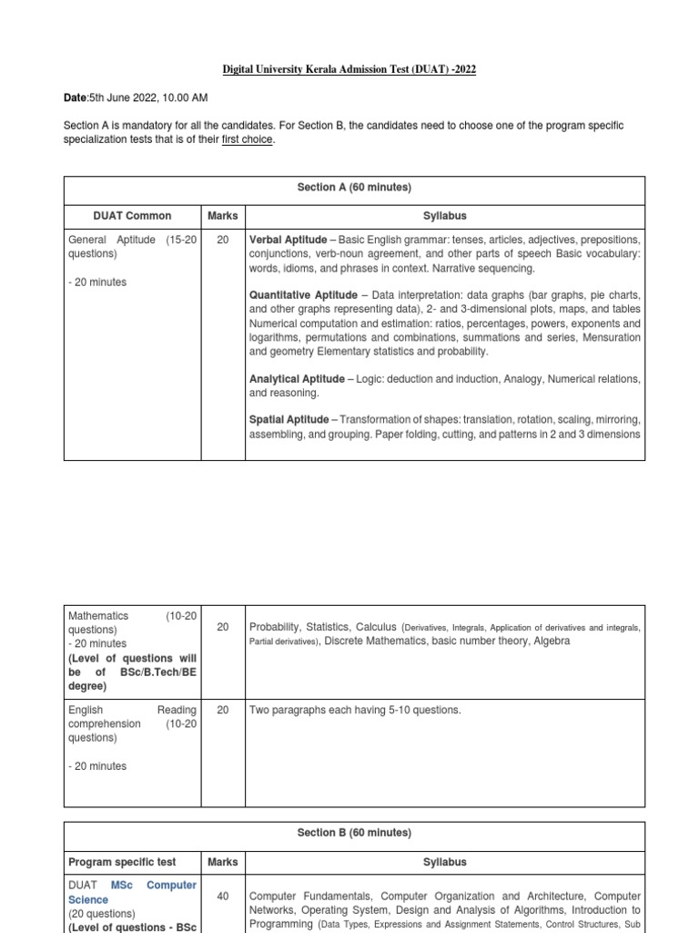 Digital University Aptitude Test DUAT 2022 Syllabus 1 | PDF ...