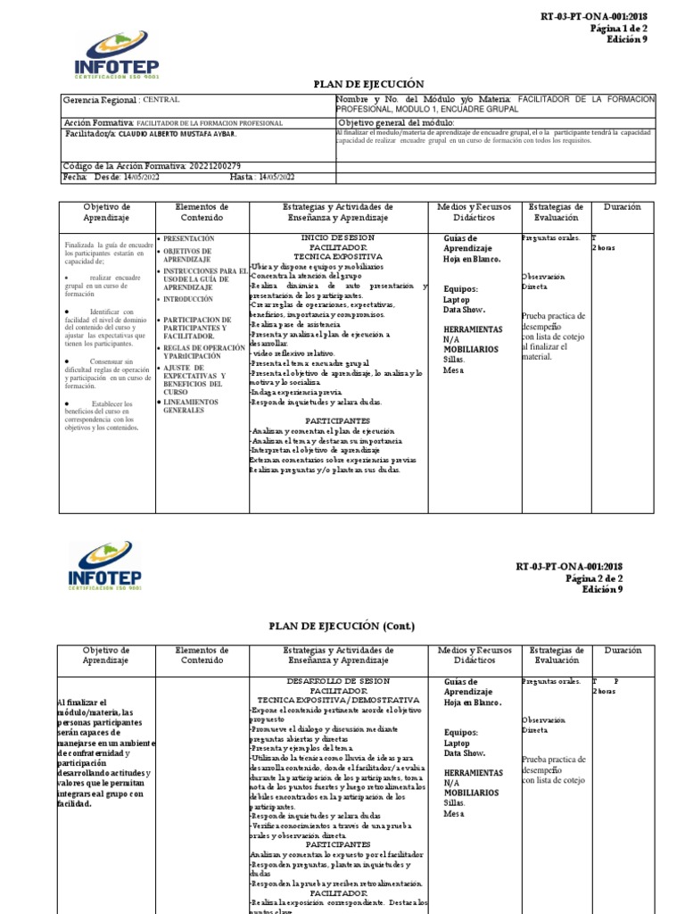 Plan de Ejecucion Curso FFP Encuadre Grupal | PDF | Aprendizaje ...