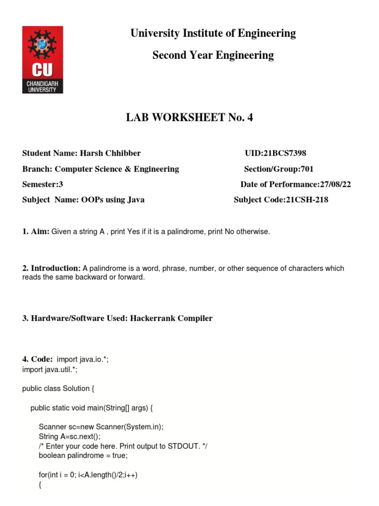 OOPs Java Lab: Palindrome Check | PDF