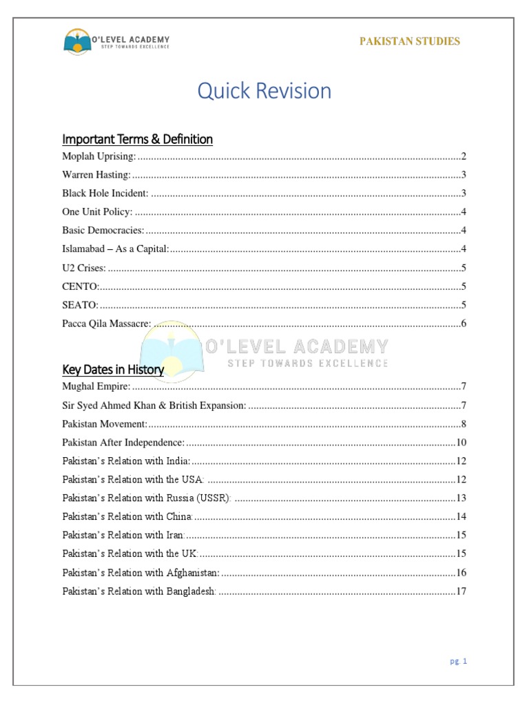 History Quick Revision | PDF | Pakistan | Asia