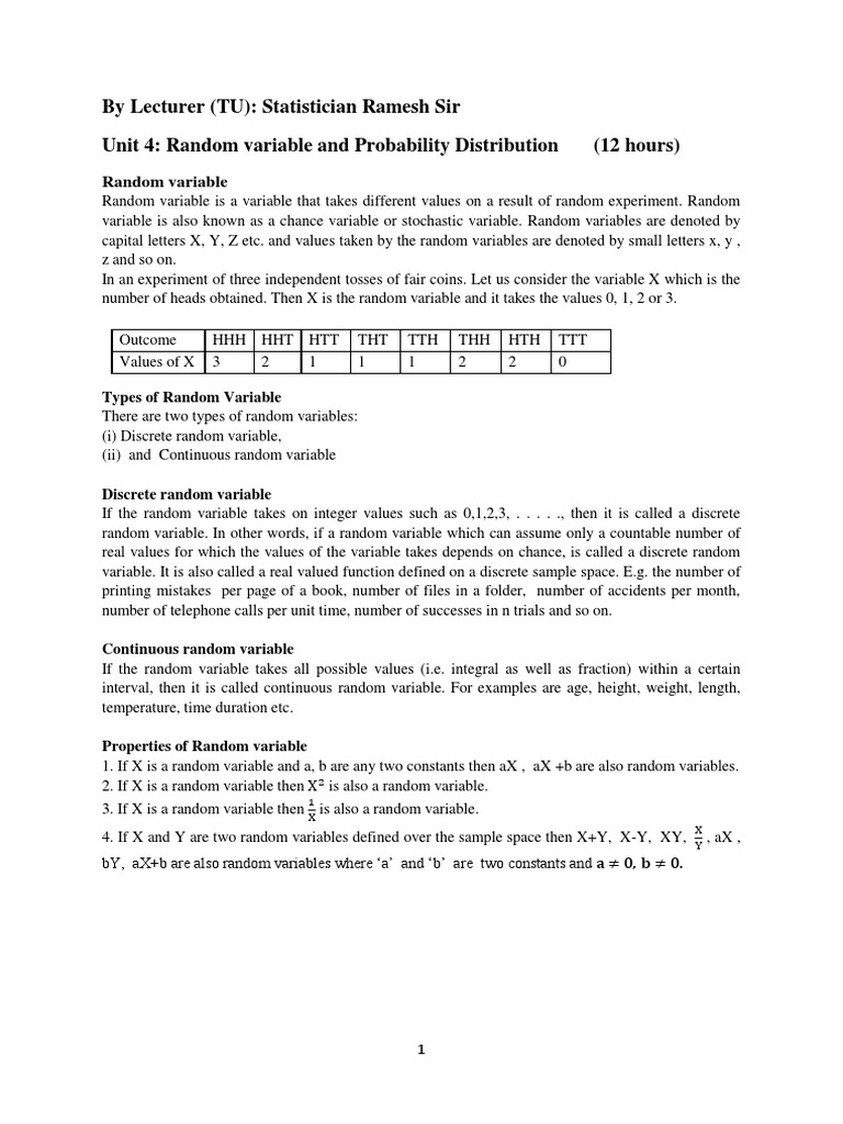 PDF Unit 4 Random Variable and Probability Distribution | PDF ...