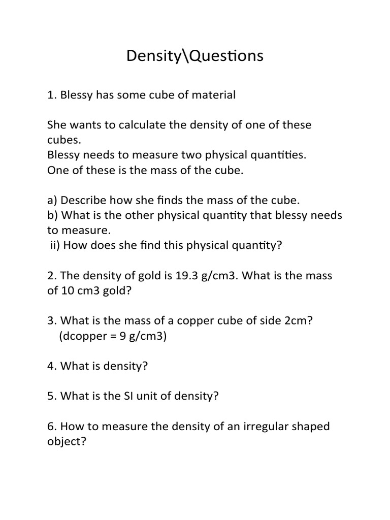 Density Grade 9 IGCSE Questions | PDF