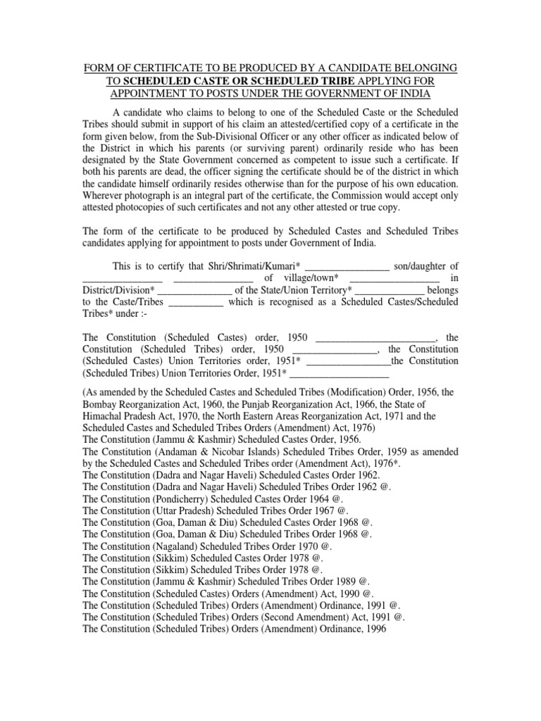 Format of SC ST Certificate | PDF | Government Of India | Government