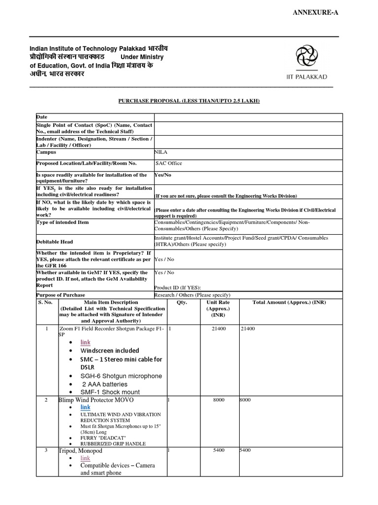 BIOS - Annexure A (Purchase Proposal Less Than Upto Rs.2.5 Lakh) | PDF