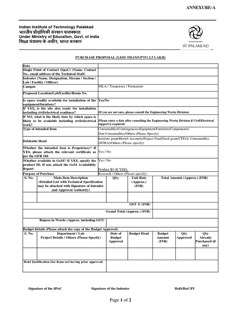Annexure A (Purchase Proposal Less Than Upto Rs.2.5 Lakh) | PDF
