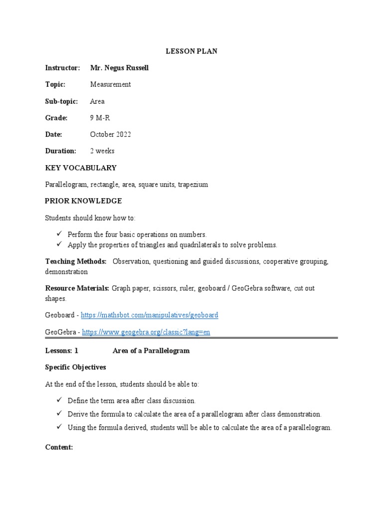 Grade 9 Measurement - Area Lesson Plan | PDF | Area | Circle