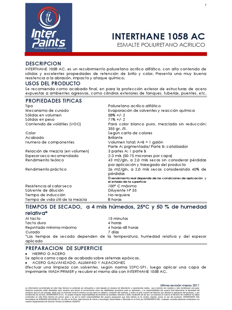 Esmalte Poliuretano Acrílico INTERTHANE 1058 AC | PDF | Acero | Poliuretano