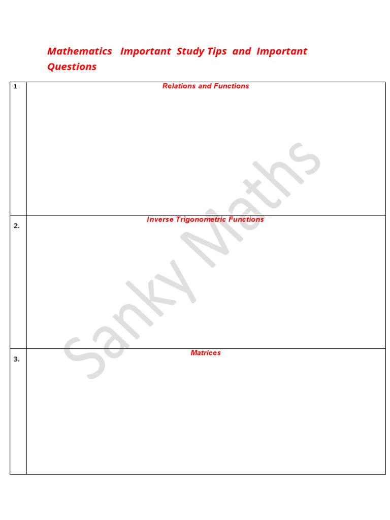 Mathematics Important Study Tips and Important Questions | PDF