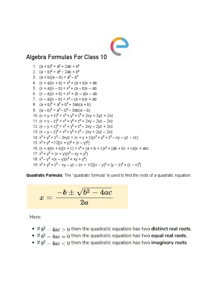 Algebra Formulas For Class 10 | PDF