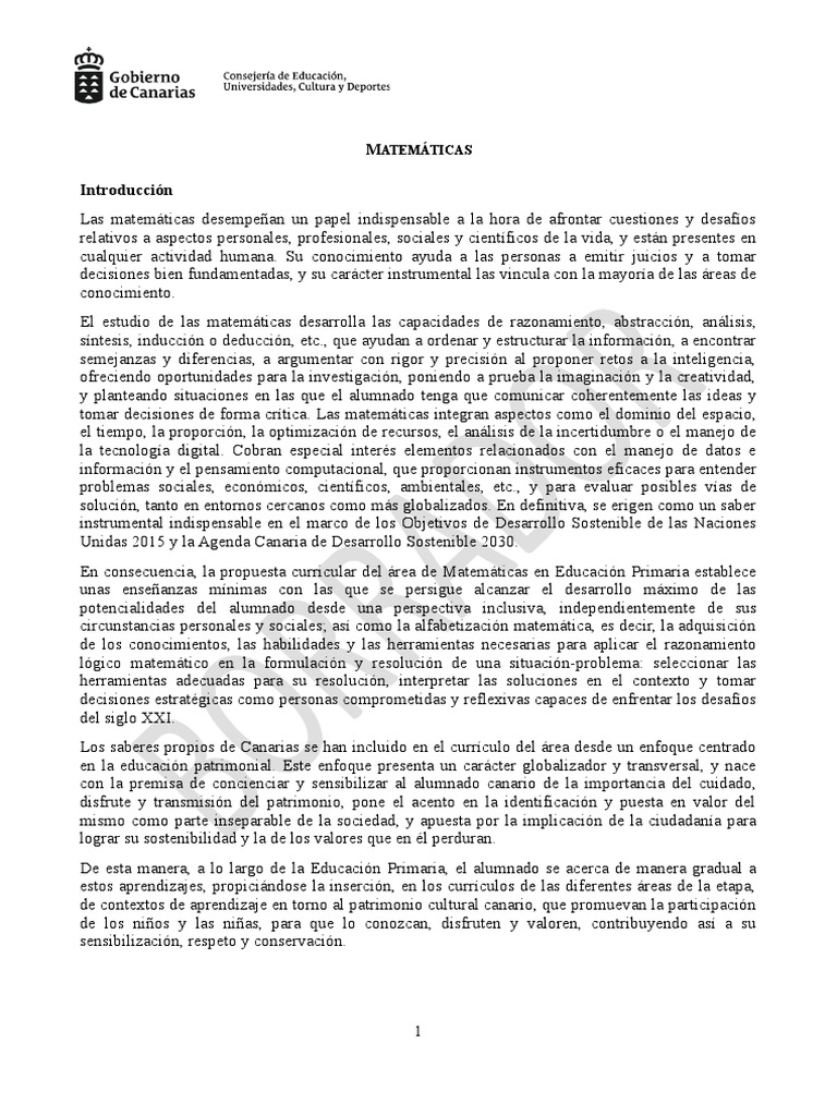 Curriculo Educacion PRIMARIA - Matematicas | PDF | Aprendizaje | Evaluación