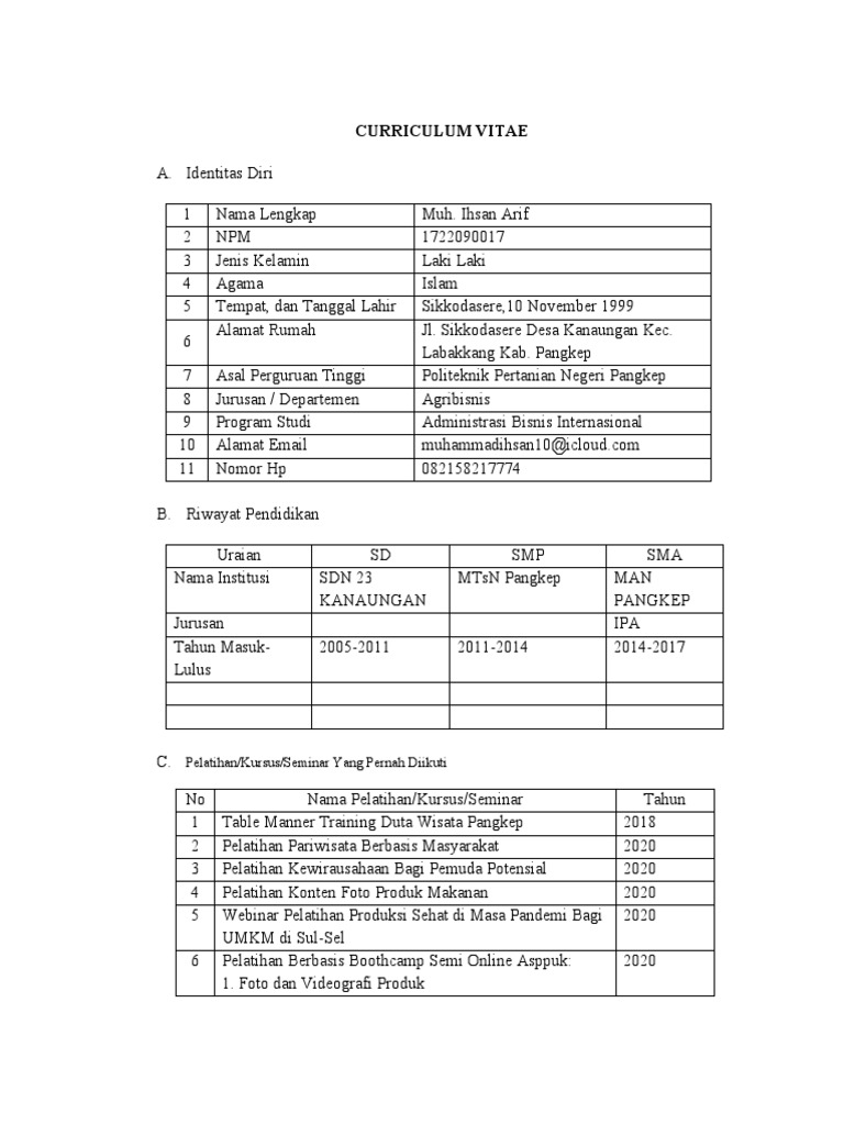 CV Magang Muh Ihsan Arif | PDF | Karier & Perkembangan