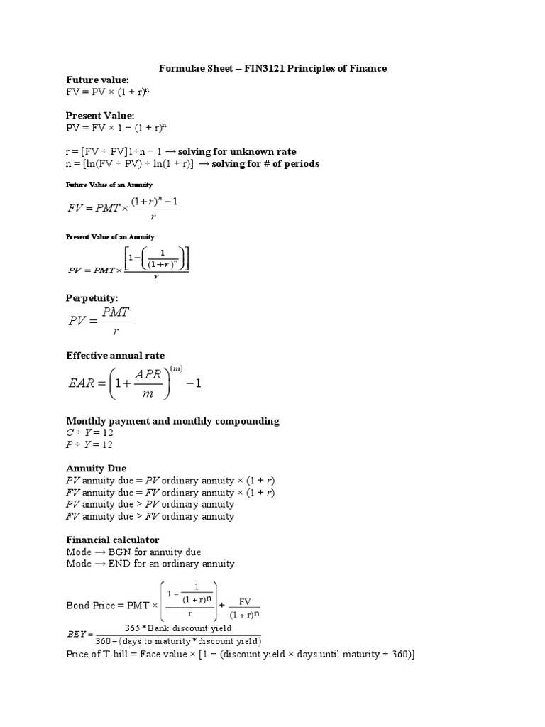 Finance Formula Sheet for Students | PDF | Expense | Present Value