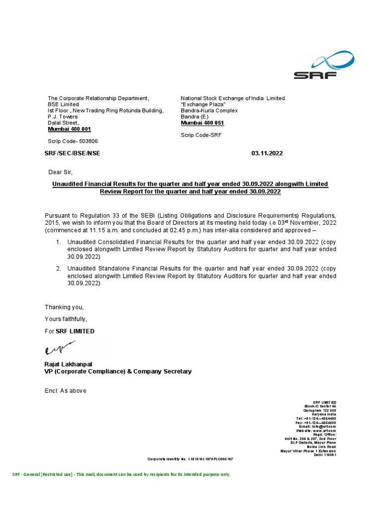 Unaudited Financial Results and Limited Review Report of SRF Limited ...