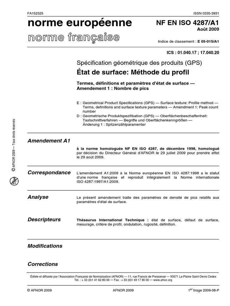 NF en Iso 4287 A1 | PDF | Organisation internationale de normalisation | Commission ...