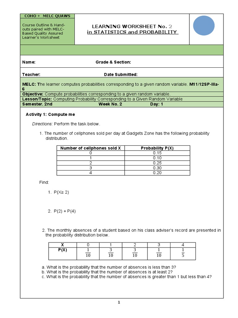 Week 2 Worksheet | PDF | Variance | Probability Distribution