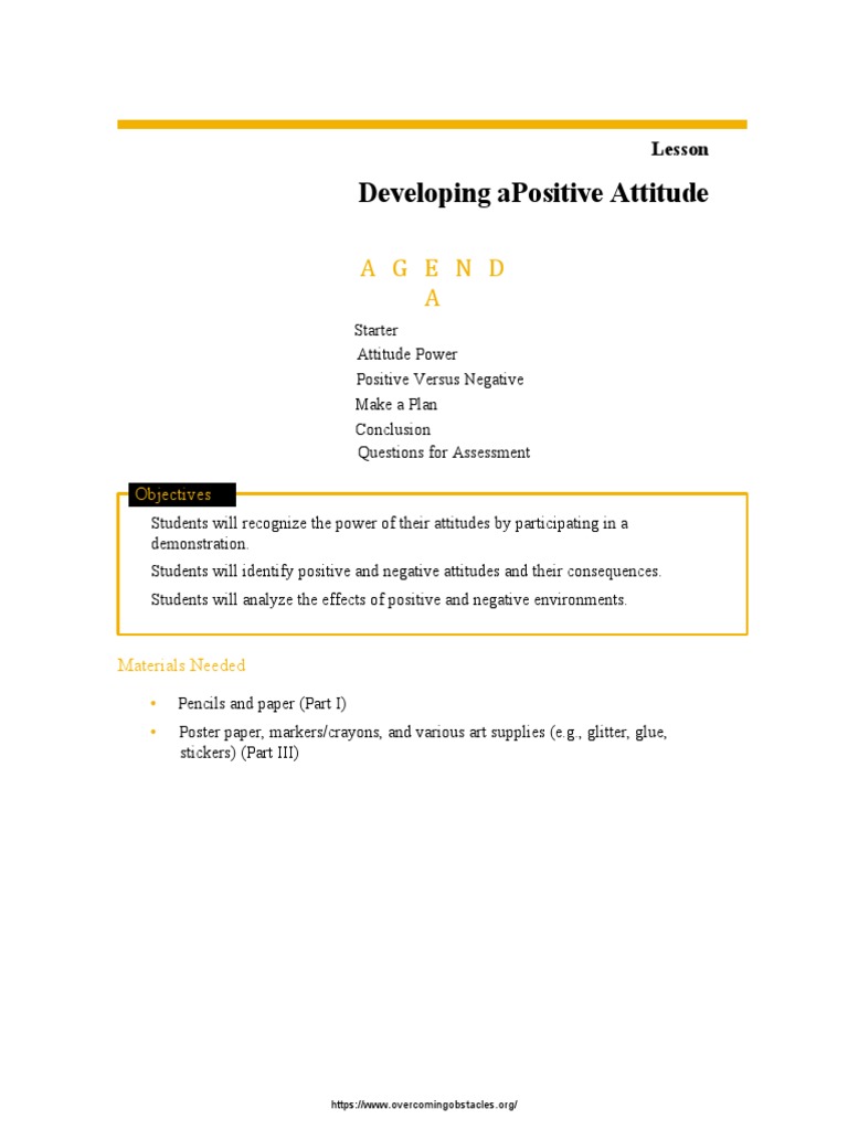 Developing a Positive Attitude Lesson | PDF | Attitude (Psychology) | Idea