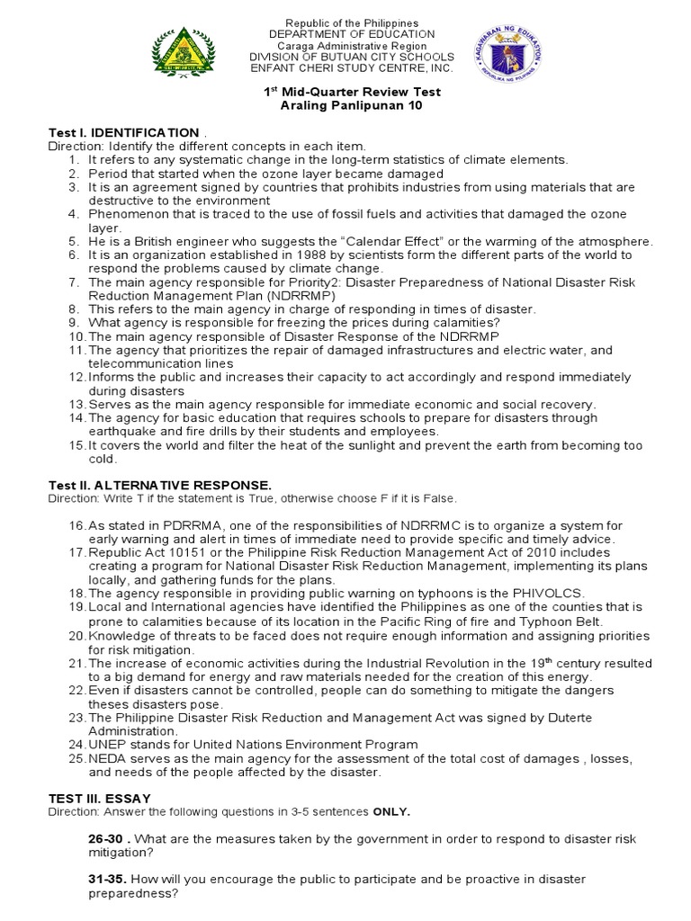 AP 10 Mid-Quarter Disaster Review Test | PDF | Emergency Management ...