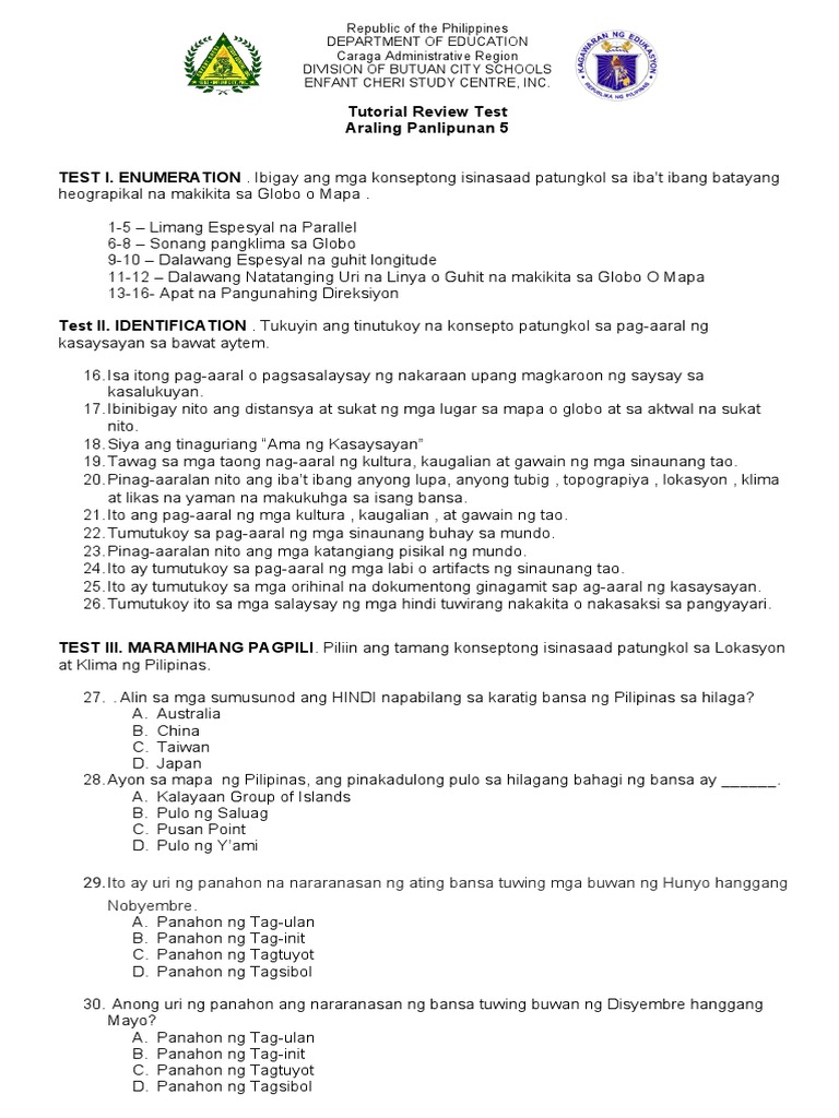Tutorial Review Test - 1st Mid Quarter Exam - AP 5 | PDF