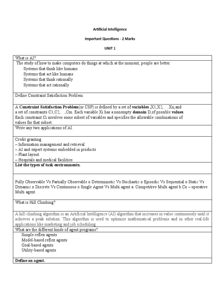 Important Questions - AI - 2 Marks | PDF | Logic | First Order Logic