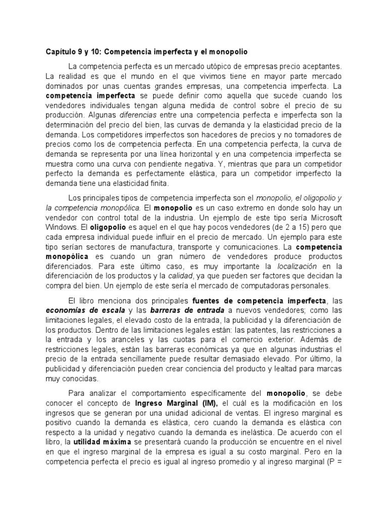 Resumen Capitulo 9 y 10 | PDF | Monopolio | Oligopolio