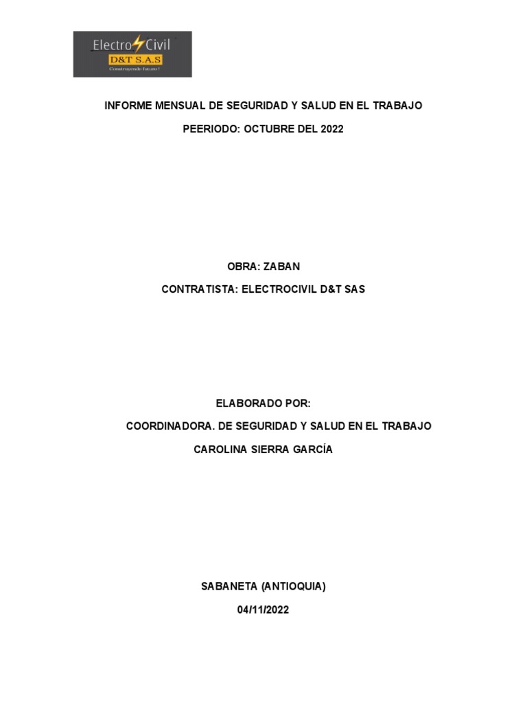 Octubre - Informe Mensual de Seguridad y Salud en El Trabajo | PDF