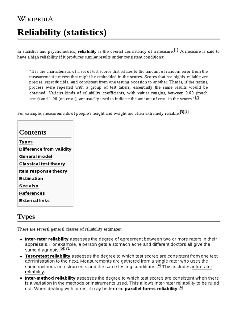 Reliability_(statistics) | PDF | Multivariate Statistics | Psychometrics