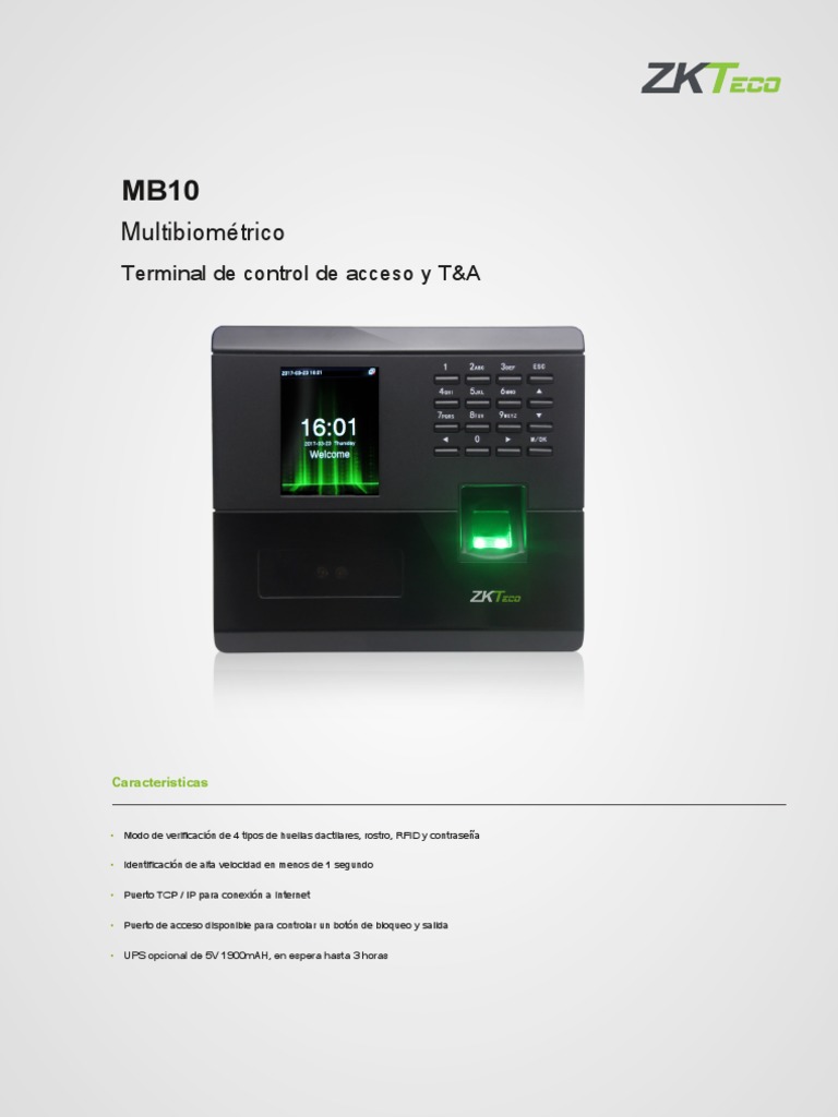 Zkteco Mb10 Ficha Técnica Español | PDF | USB | Tecnología de ...