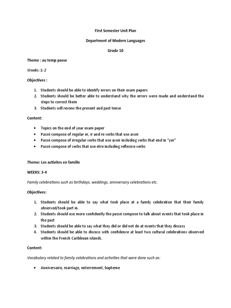 Grade 10 French Unit Plan | PDF | Grammatical Tense | Language Mechanics