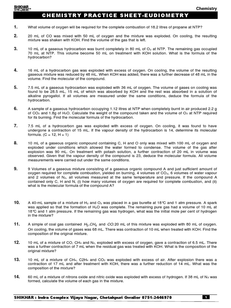 Xenon 21-22 Sheet Without Answer (EUDIOMETRY) | PDF | Gases | Oxygen
