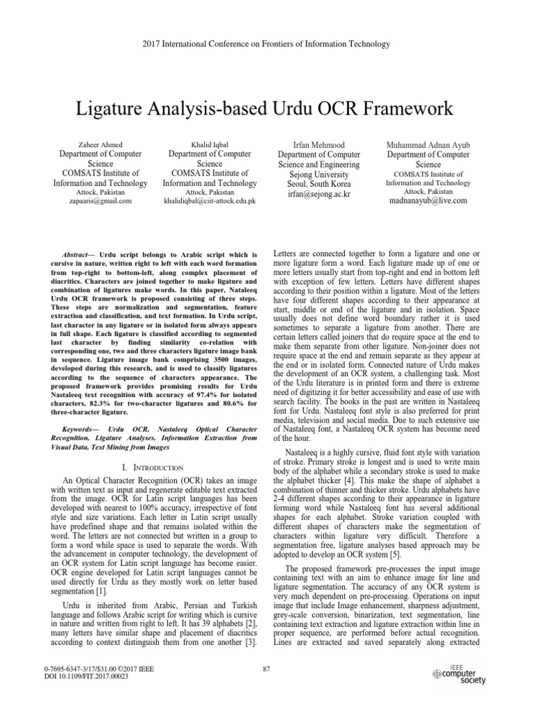 Ligature Analysis-Based Urdu OCR Framework | PDF | Optical Character Recognition | Text