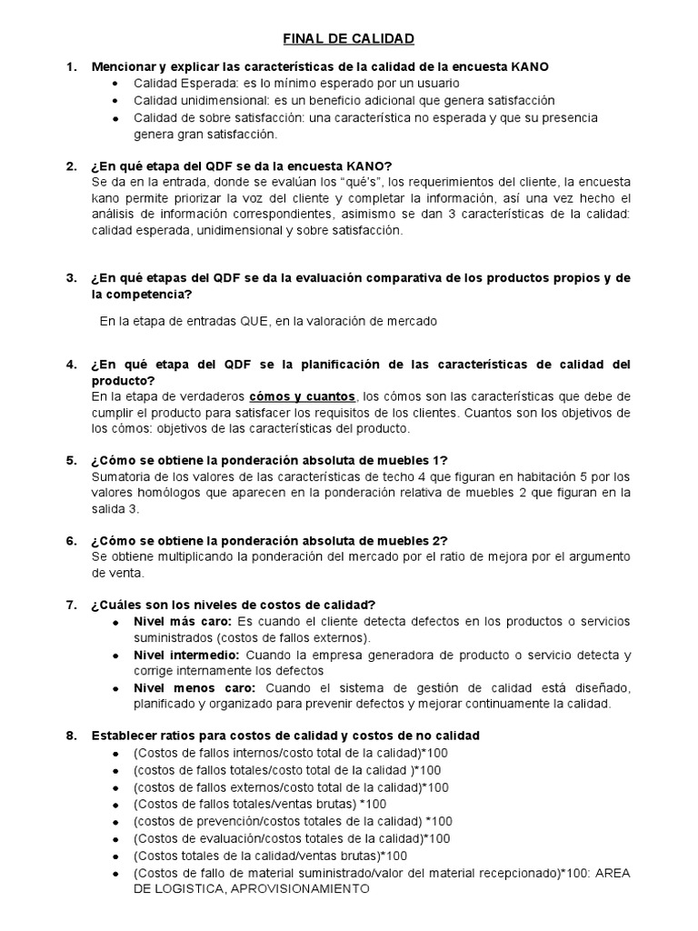 Examen Final - Calidad | Descargar gratis PDF | Calidad (comercial) | Business