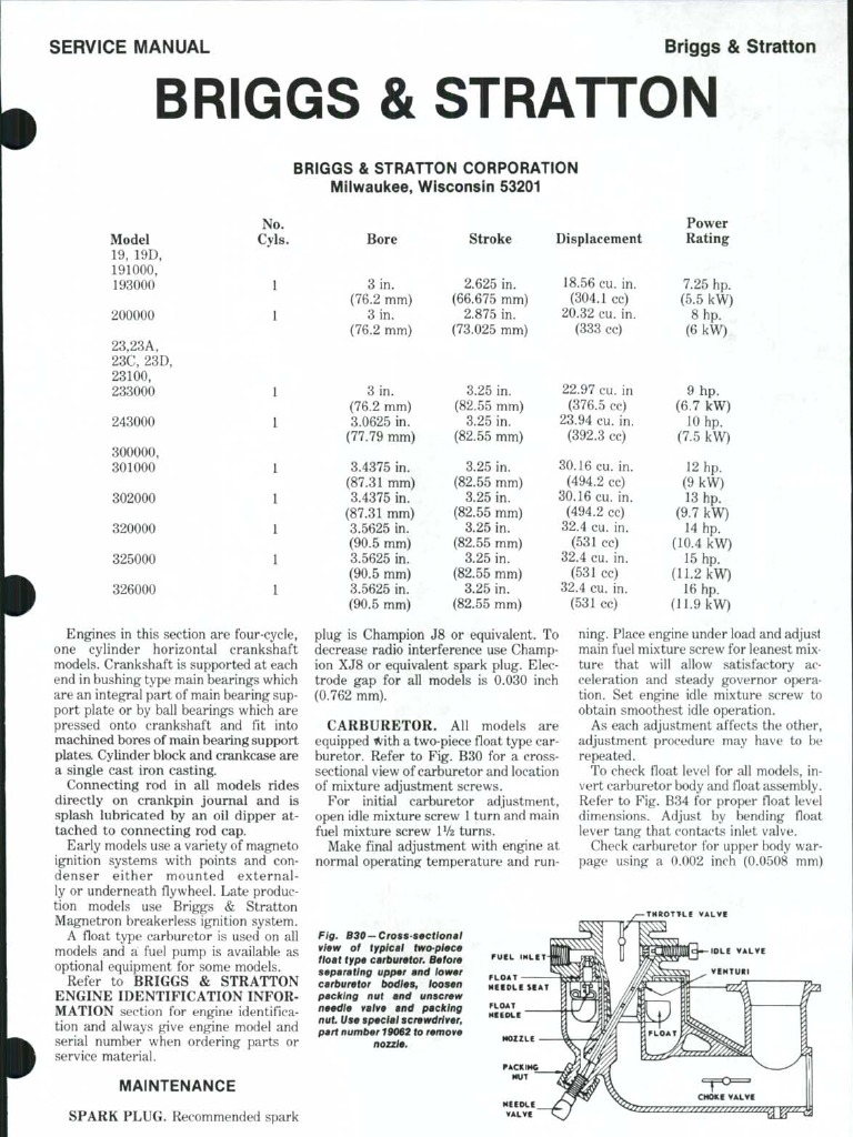 Briggs & Stratton Small Engine Service Manual Covering Specifications ...