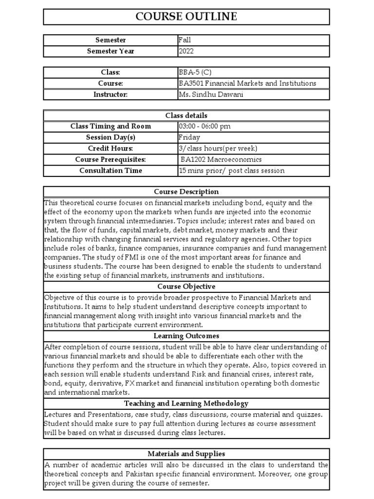 Financial Markets & Institutions Course Outline | PDF | Interest ...