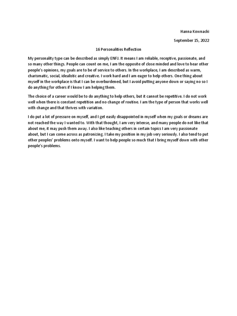 16 Personalities Reflection | PDF | Self-Improvement