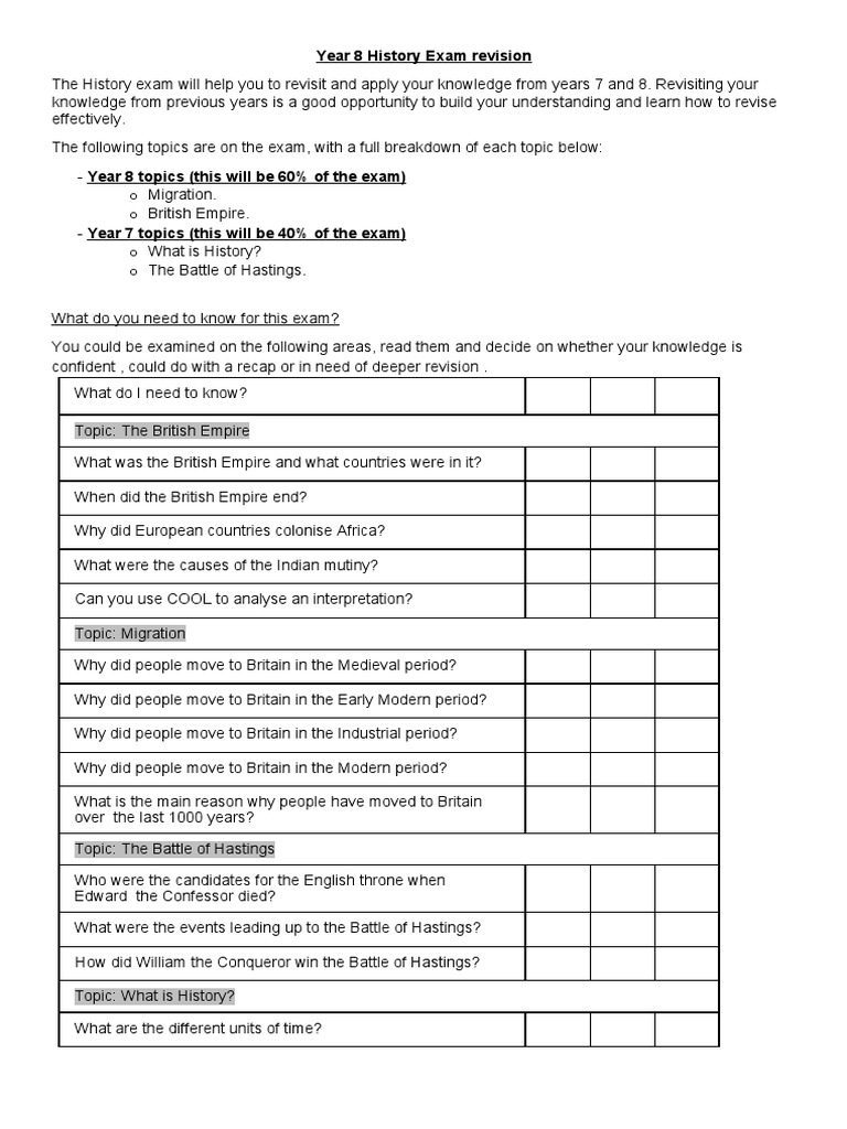 Year 8 History Exam Revision Book | PDF | British Empire