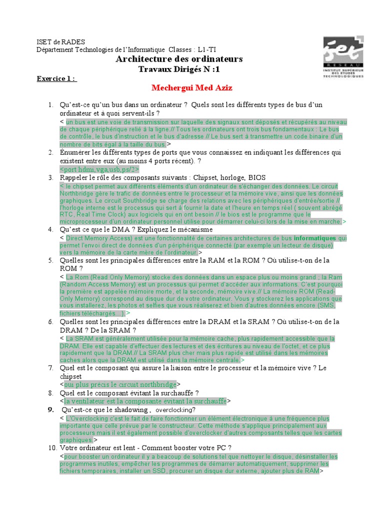 Architecture Des Ordinateurs: Travaux Dirigés N:1 | PDF | Mémoire vive | Cache (Informatique)