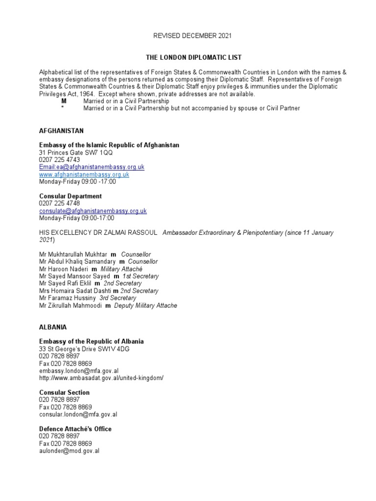 London Diplomatic List - December 2021 | PDF | Diplomatic Rank | Consul ...