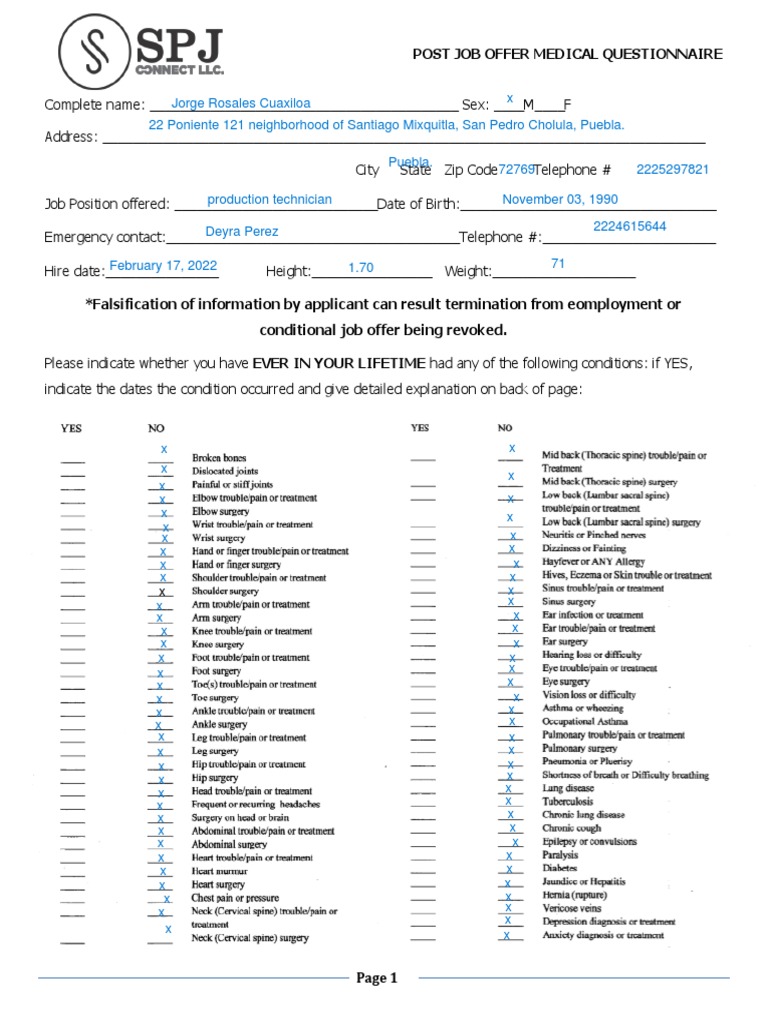 Medical Questionnaire for Job Offer | PDF | Chemical Substances ...