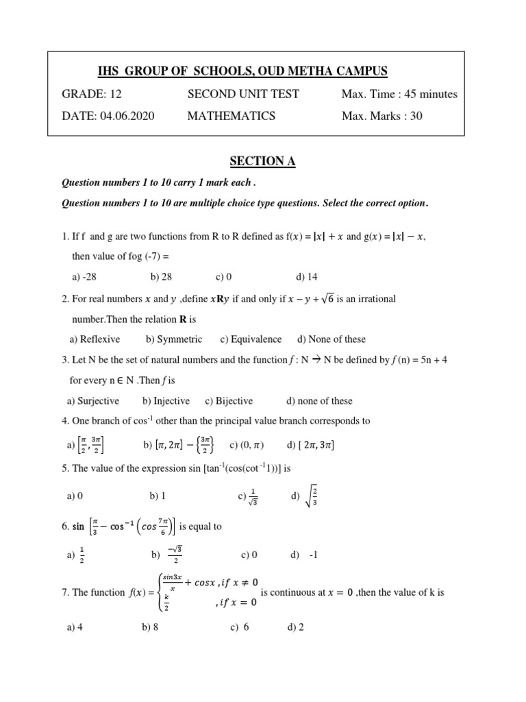 Math Unit Test 2 | Download Free PDF | Function (Mathematics ...