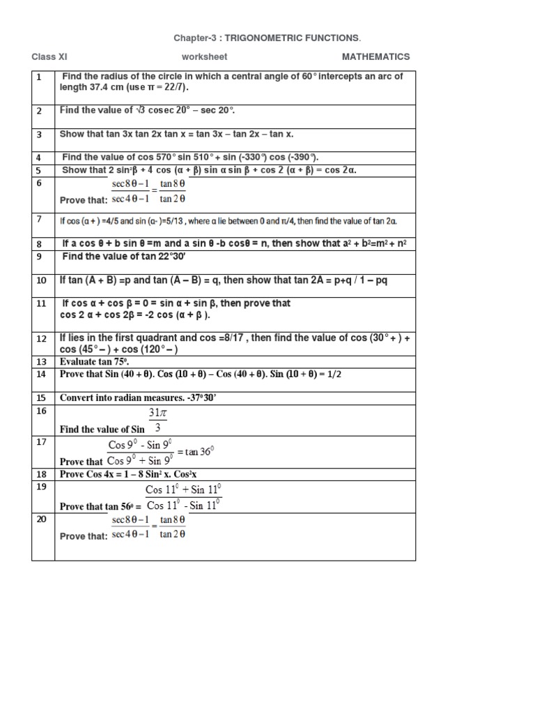 11.3 Ws Trigonometric Functions | PDF | Trigonometric Functions ...