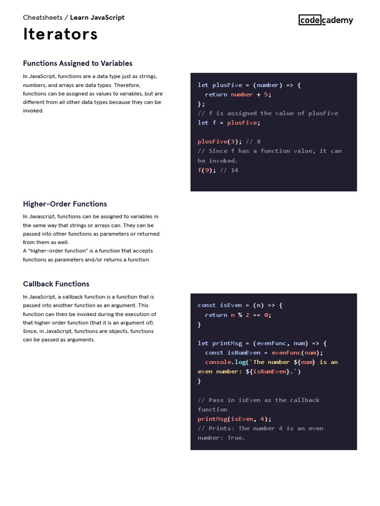 Learn JavaScript_ Iterators Cheatsheet _ Codecademy | PDF | Parameter (Computer Programming ...